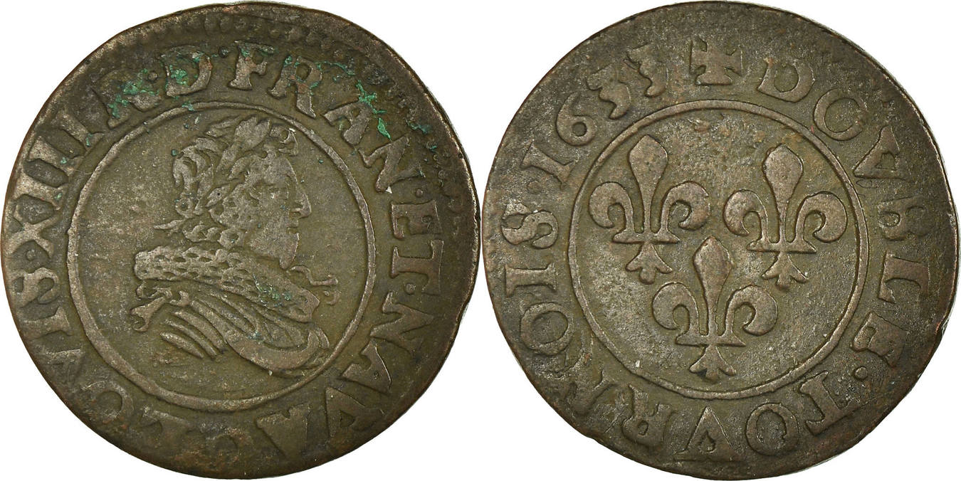 France 1633 D Coin, Louis XIII, Double tournois, buste juvénile au col ...