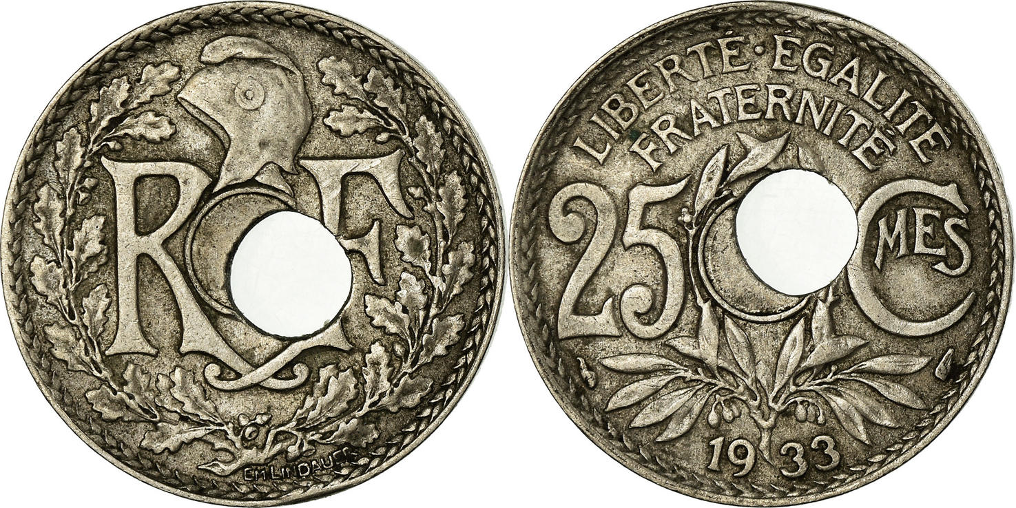 France 25 Centimes 1933 Coin, Lindauer, off centered hole and clipped ...