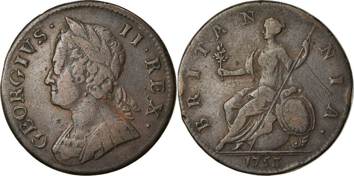 Great Britain 1/2 Penny 1753 Coin, George II, Copper, KM:579.2 VF(30-35) | MA-Shops
