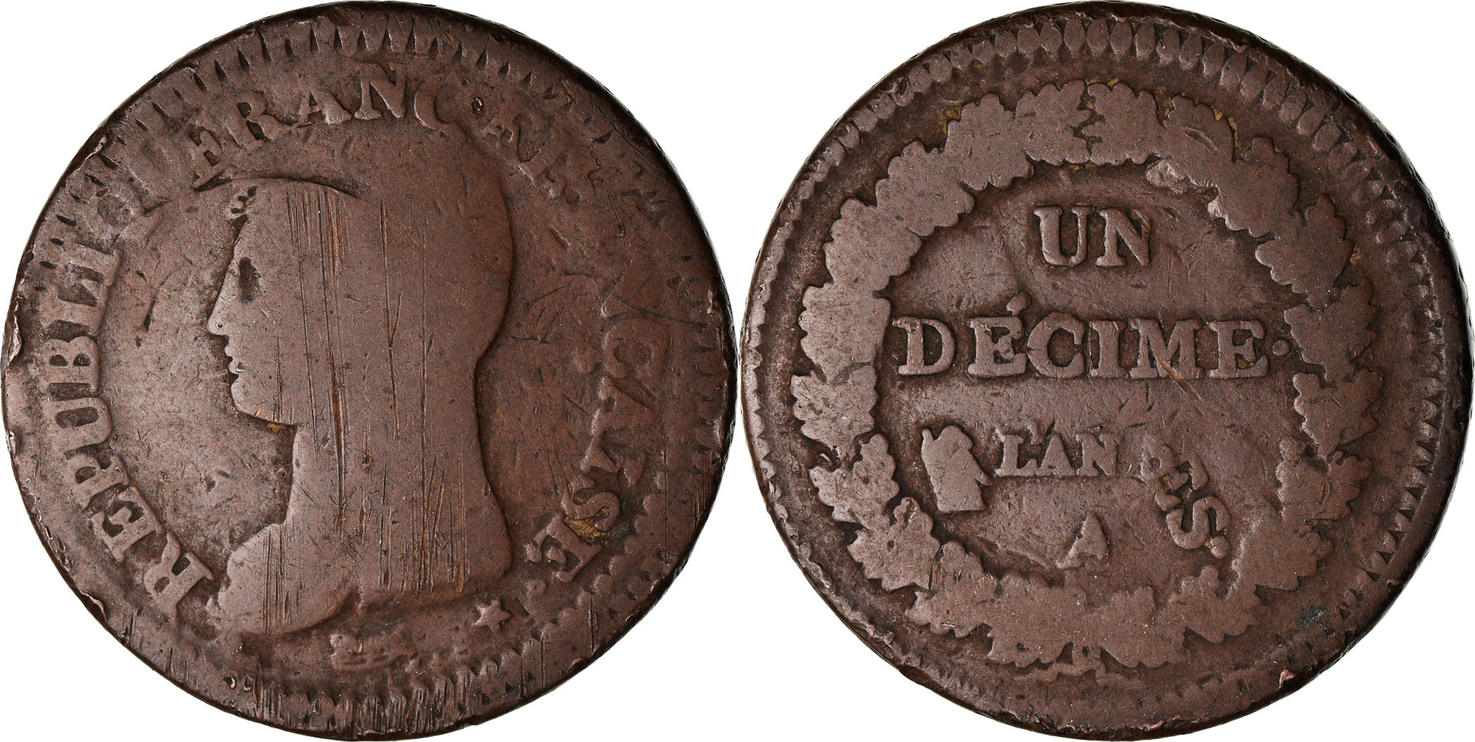 France Decime AN 5 Paris Coin, Paris, Refrappage du 2 décimes, Copper ...