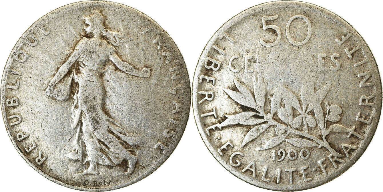 France 50 Centimes 1900 Paris Coin, Semeuse, Paris, Silver, KM:854 VF(30-35) | MA-Shops