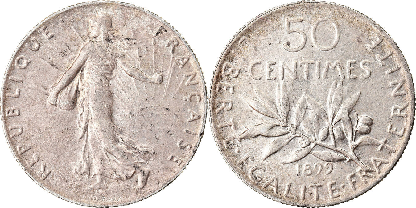 France 50 Centimes 1899 Paris Coin, Semeuse, Paris, Silver, KM:854 AU(55-58) | MA-Shops