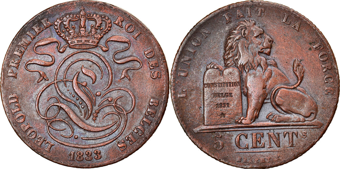 Belgium 5 Centimes 1833 Coin, Leopold I, Copper, KM:5.2 EF(40-45) | MA ...