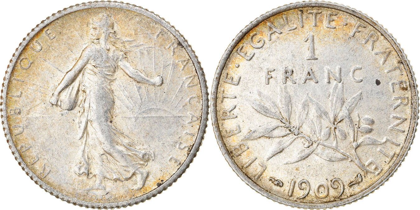 France Franc 1909 Paris Coin, Semeuse, Paris, Silver, KM:844.1 AU(50-53) | MA-Shops