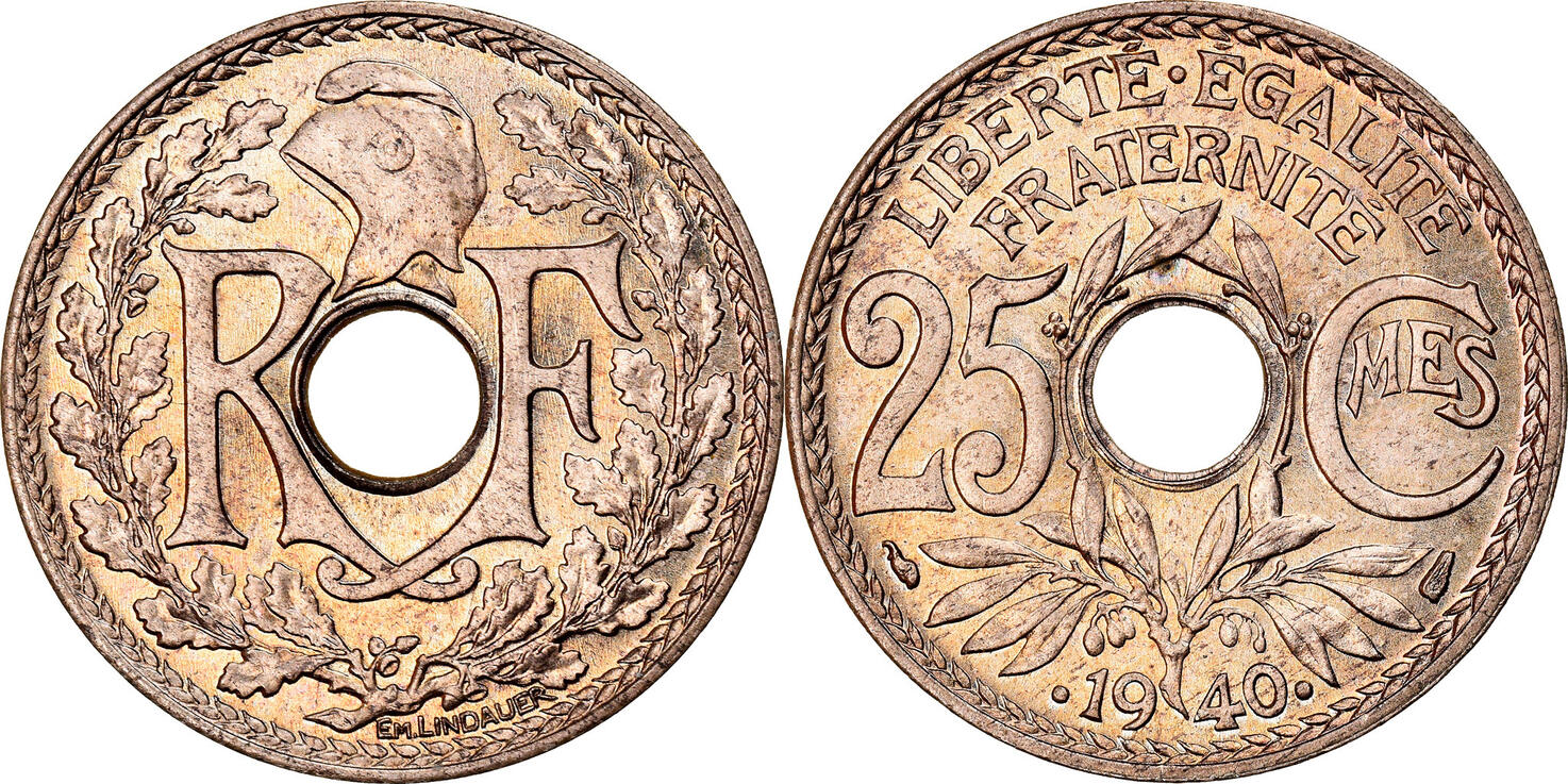 France 25 Centimes 1940 Coin, Lindauer, Nickel-Bronze, KM:867b MS(64 ...