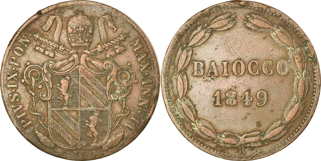 ITALIAN STATES Baiocco 1849 R Coin, PAPAL STATES, Pius IX, Rome EF(40 ...