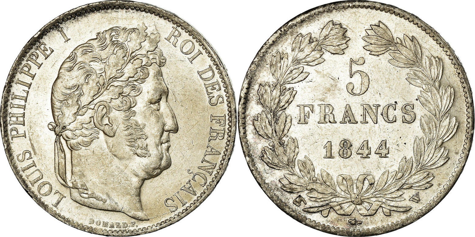 France 5 Francs 1844 W Coin, Louis-Philippe, Lille, Silver AU(55-58 ...