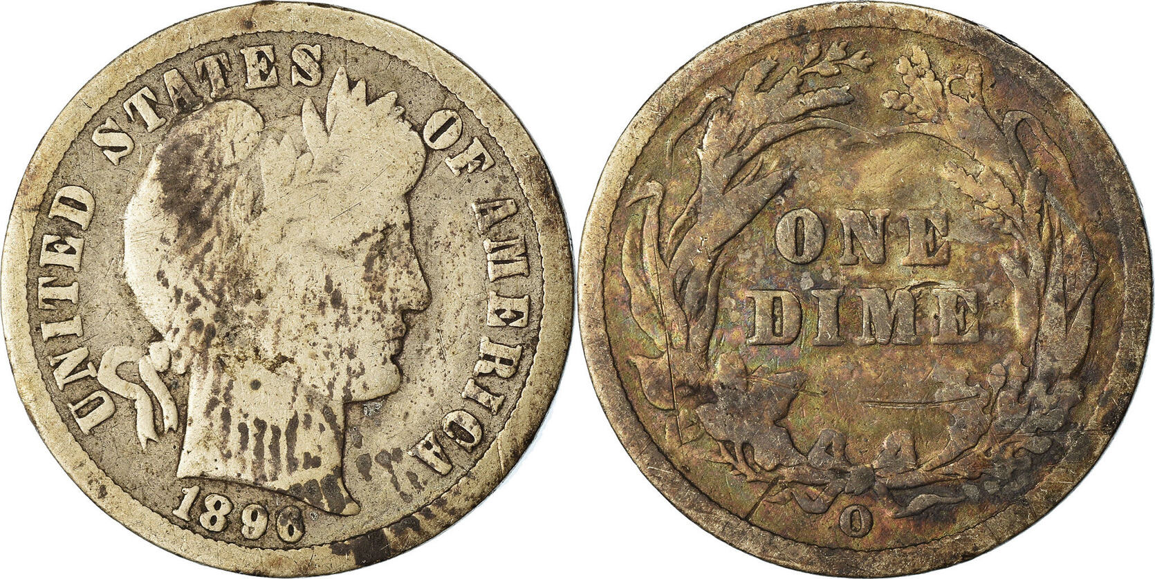 United States 1896 O Coin, Barber Dime, U.S. Mint, New Orleans, Rare F ...