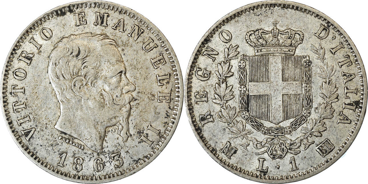 Italy Lira 1863 M Coin, Vittorio Emanuele II, Milan, Silver, KM:5a.1 EF ...