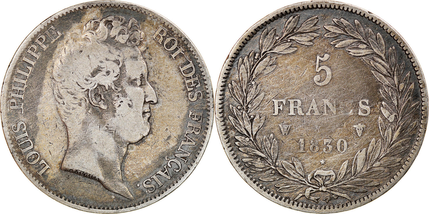 France 5 Francs 1830 W Coin, Louis-Philippe, Lille, Silver VF(20-25) | MA-Shops