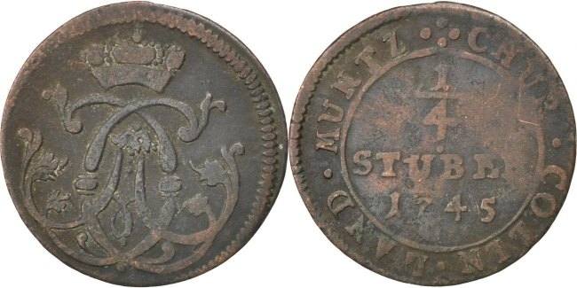 German States 1/4 St 1745 Coin, COLOGNE, Clemens August, Copper VF(20 ...
