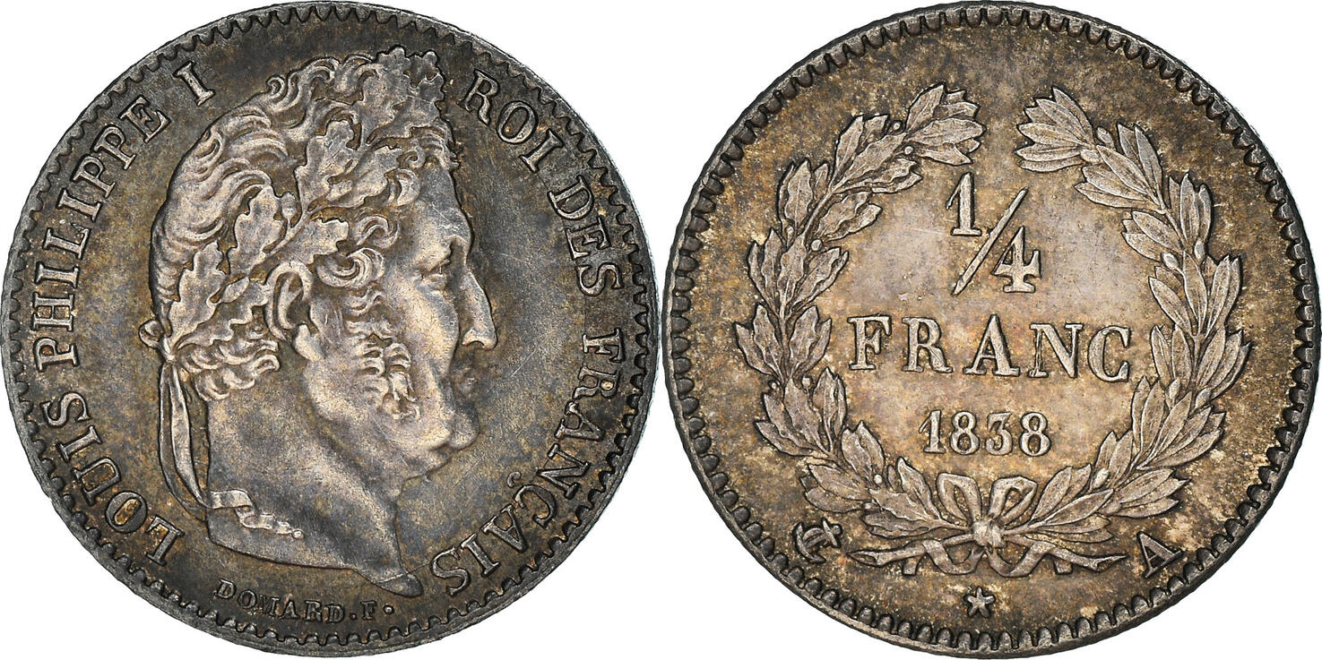 France 1/4 Franc 1838 A Coin, Louis-Philippe, Paris, Silver, KM:740.1 ...
