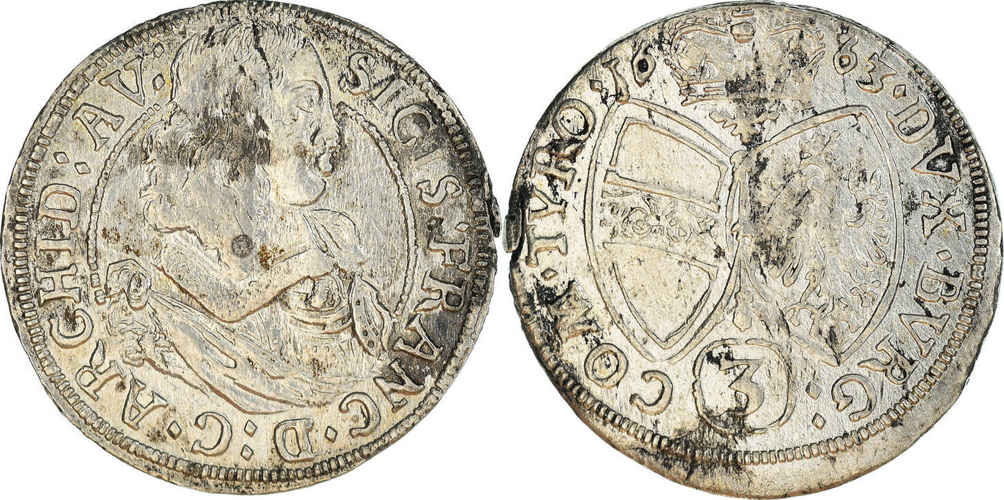 Austria 3 Kreuzer 1663 Hall Coin, Sigismund Franz, Hall, Silver AU(55 ...