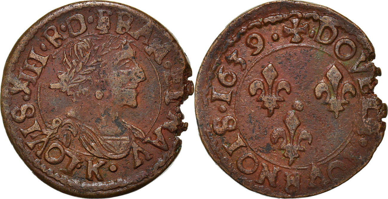 France Double Tournois 1639 Bordeaux Coin, Louis XIII, Bordeaux, Copper ...