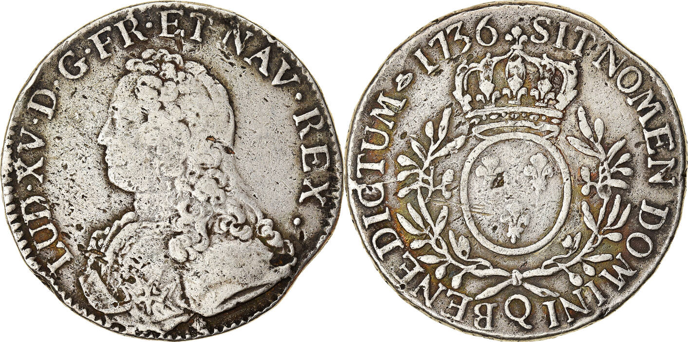 France Ecu 1736 Q Coin, Louis XV, Écu aux branches d'olivier, Perpignan ...