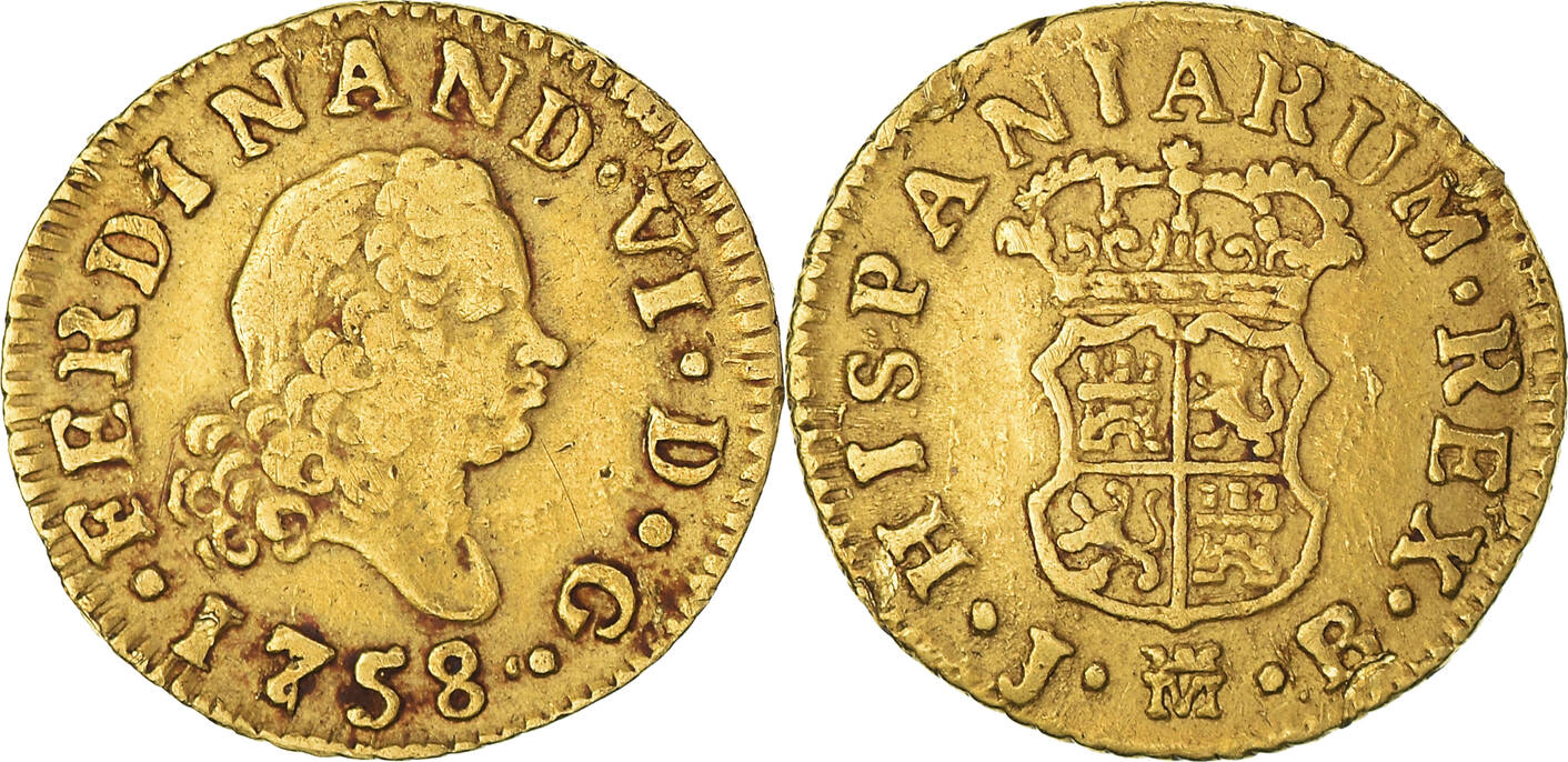 Spain 1/2 Escudo 1758 Madrid Coin, Ferdinand VI, Madrid, Gold, KM:378 ...