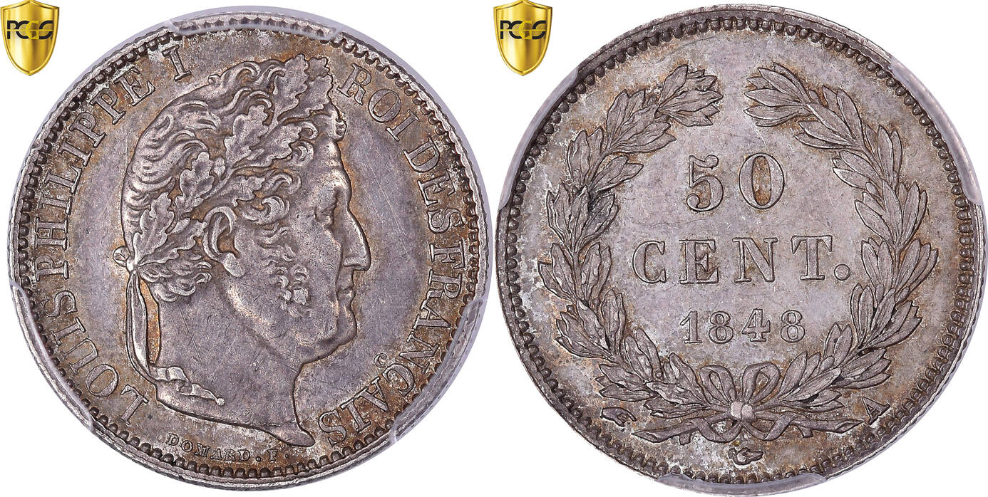 France 50 Centimes 1848 A Coin, Louis-Philippe, Paris, PCGS, AU58 AU(55 ...