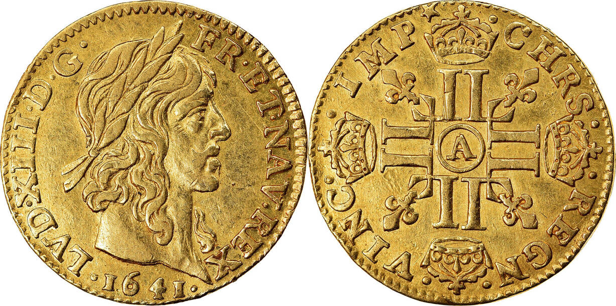 France 1/2 Louis d'or 1641 Paris Coin, Louis XIII, Paris, Gold AU(50-53 ...