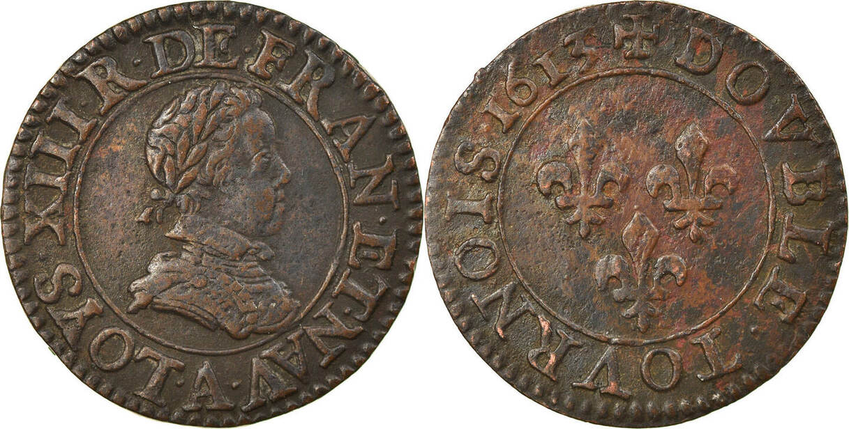 France Double Tournois 1613 Paris Coin, Louis XIII, Paris, Copper EF(40 ...