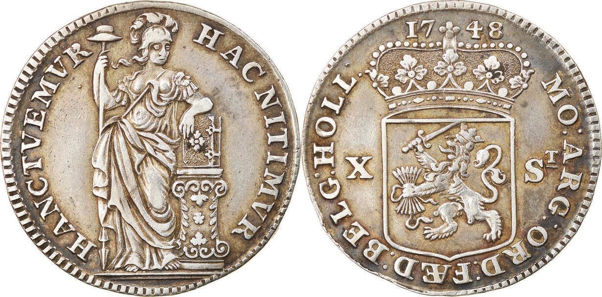Netherlands 10 Stuivers, 1/2 Gulden 1748 Coin, HOLLAND, Silver AU(55-58 ...