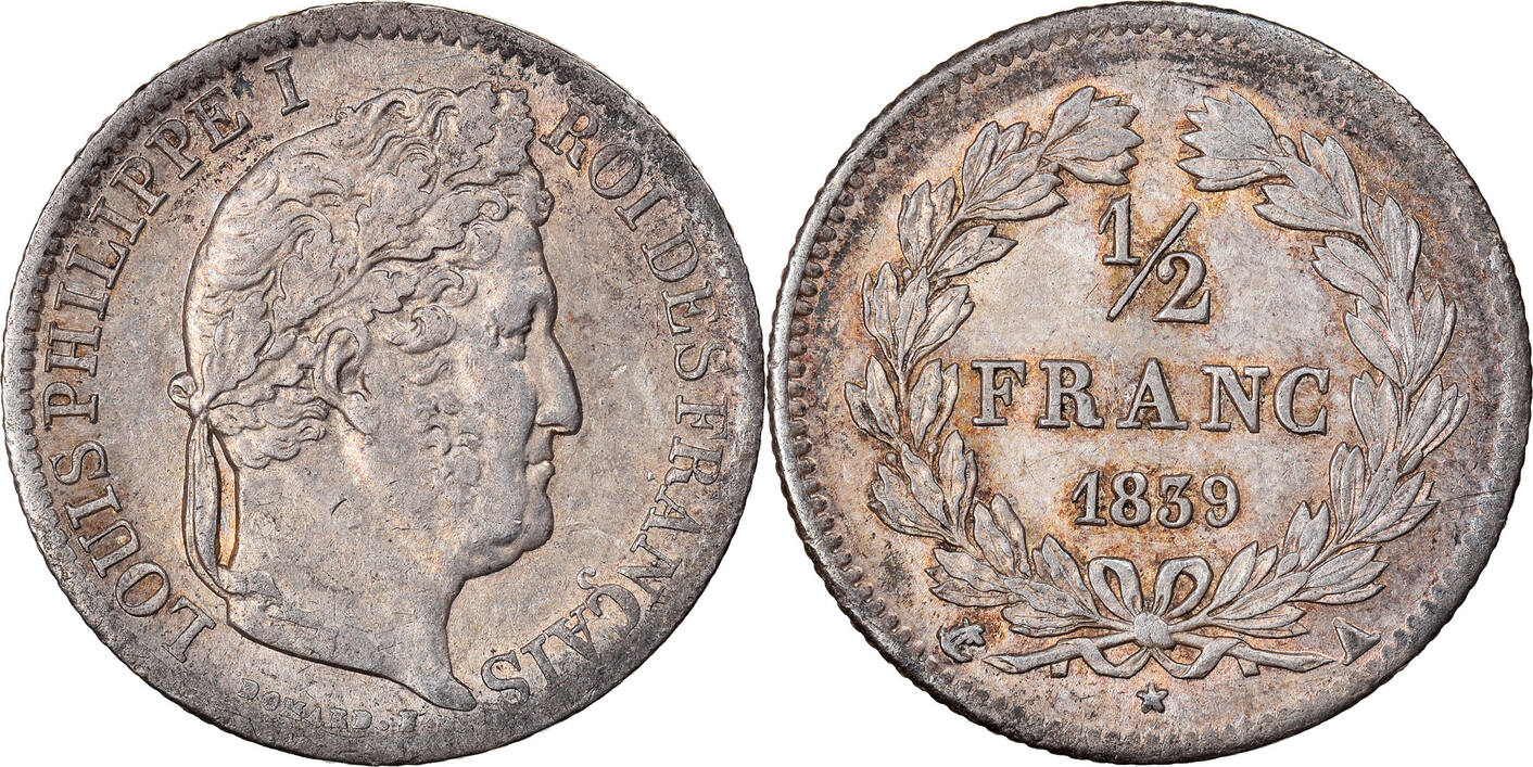 France 1/2 Franc 1839 A Coin, Louis-Philippe, Paris, Silver AU(50-53 ...