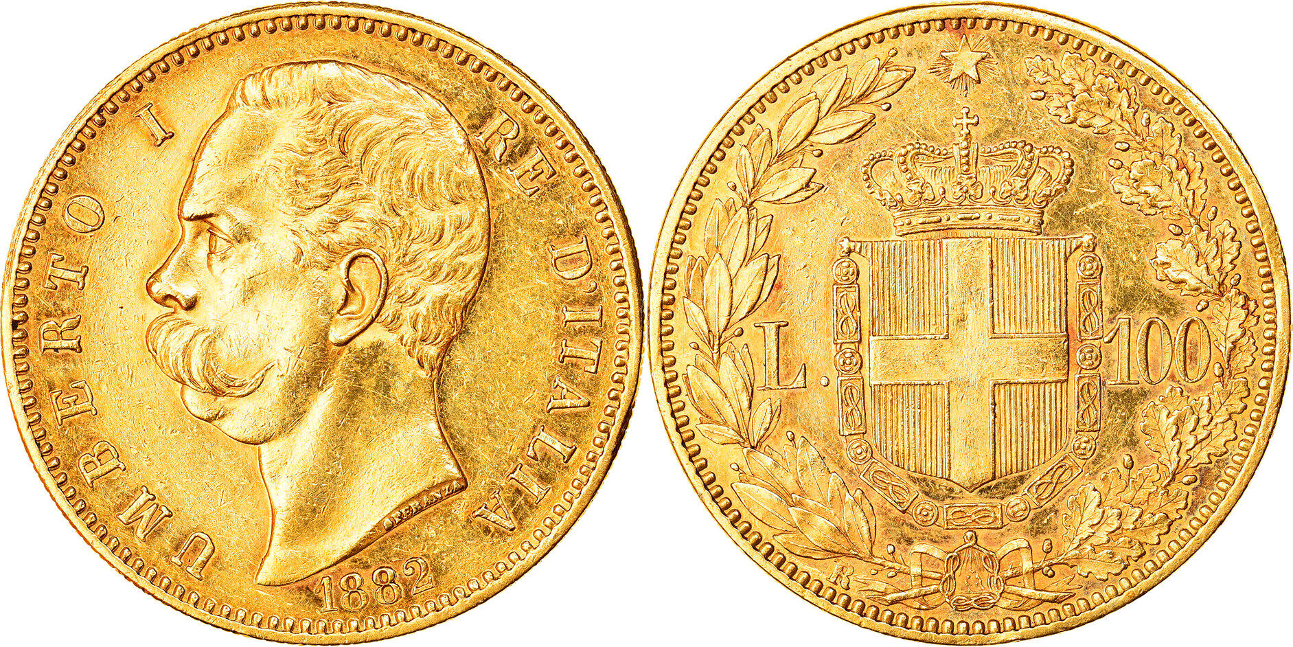 Italy 100 Lire 1882 R Coin, Umberto I, Rome, Gold, KM:22 AU(55-58) | MA ...