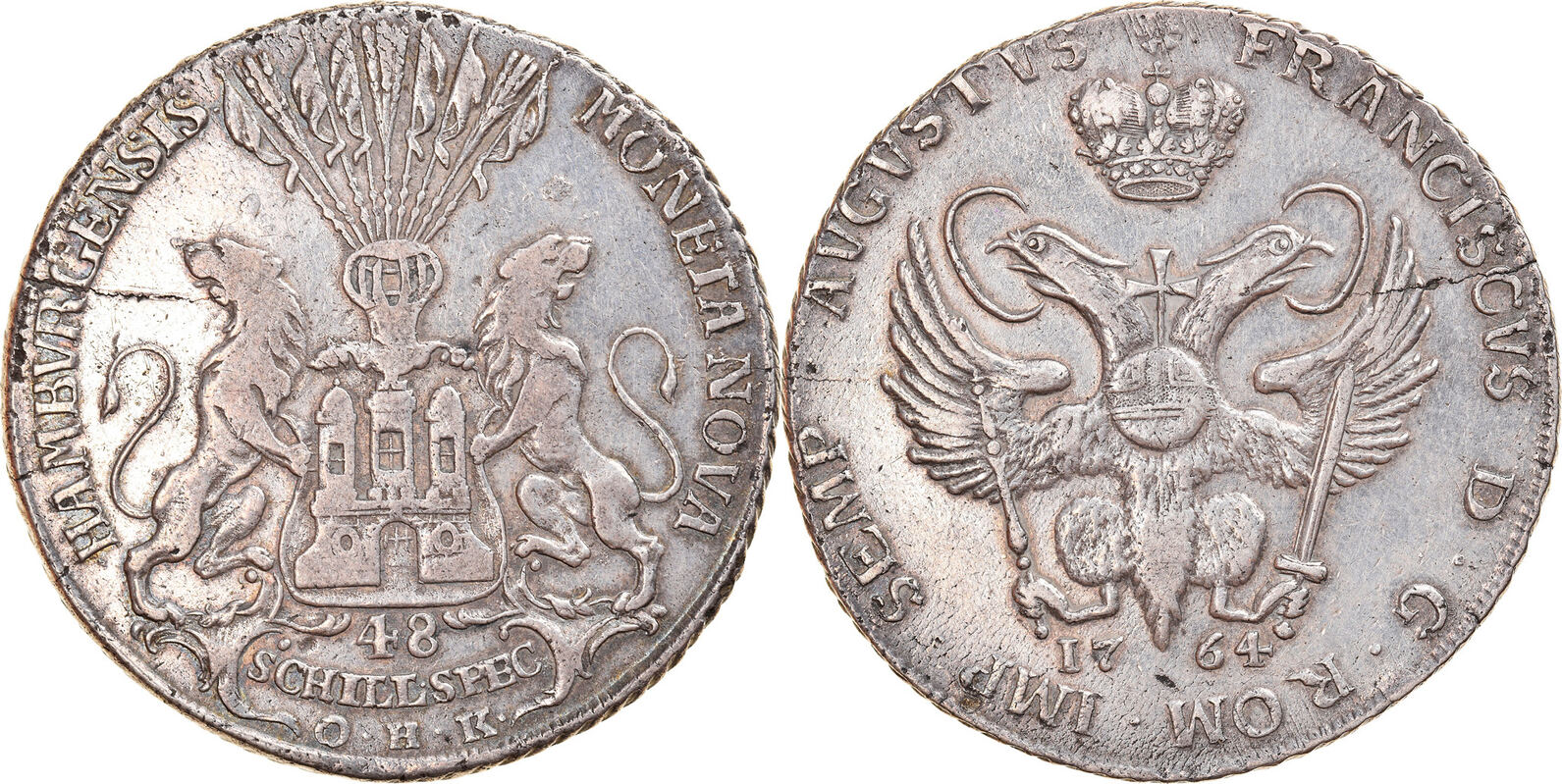 German States 48 Schilling, Thaler 1764 Coin, HAMBURG, Silver EF(40-45 ...