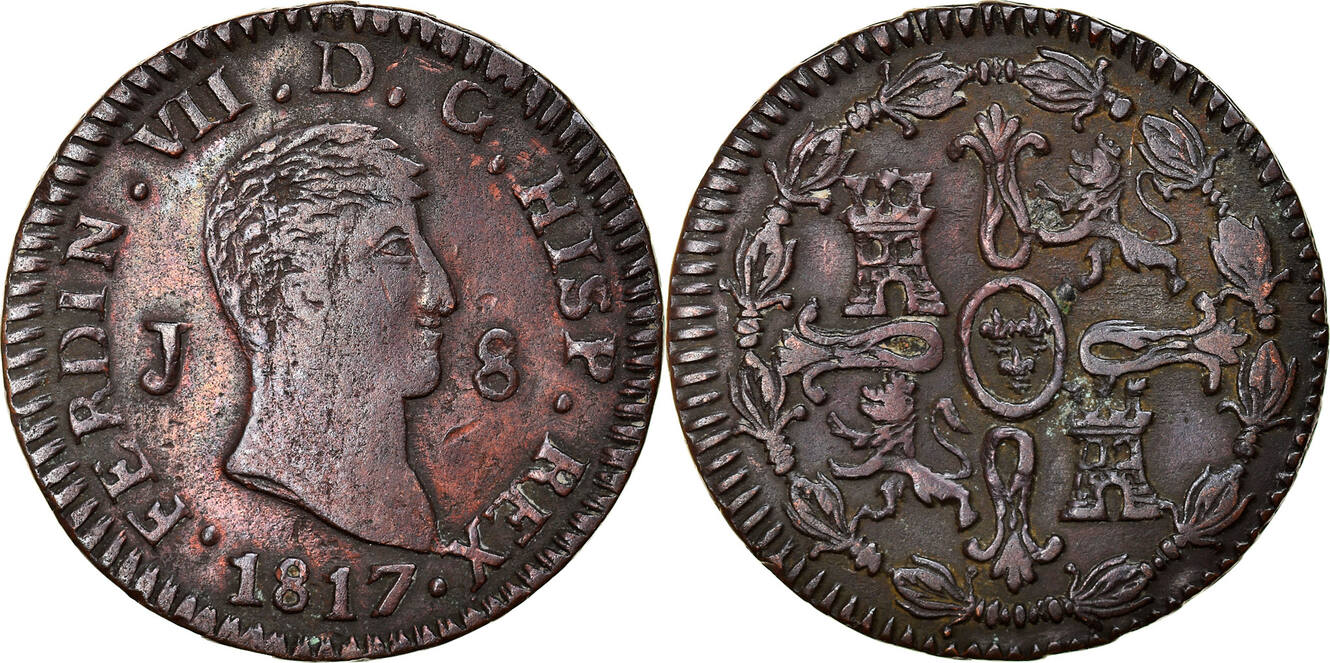 Spain 8 Maravedis 1817 Jubia Coin, Ferdinand VII, Jubia, Copper, KM:461 ...