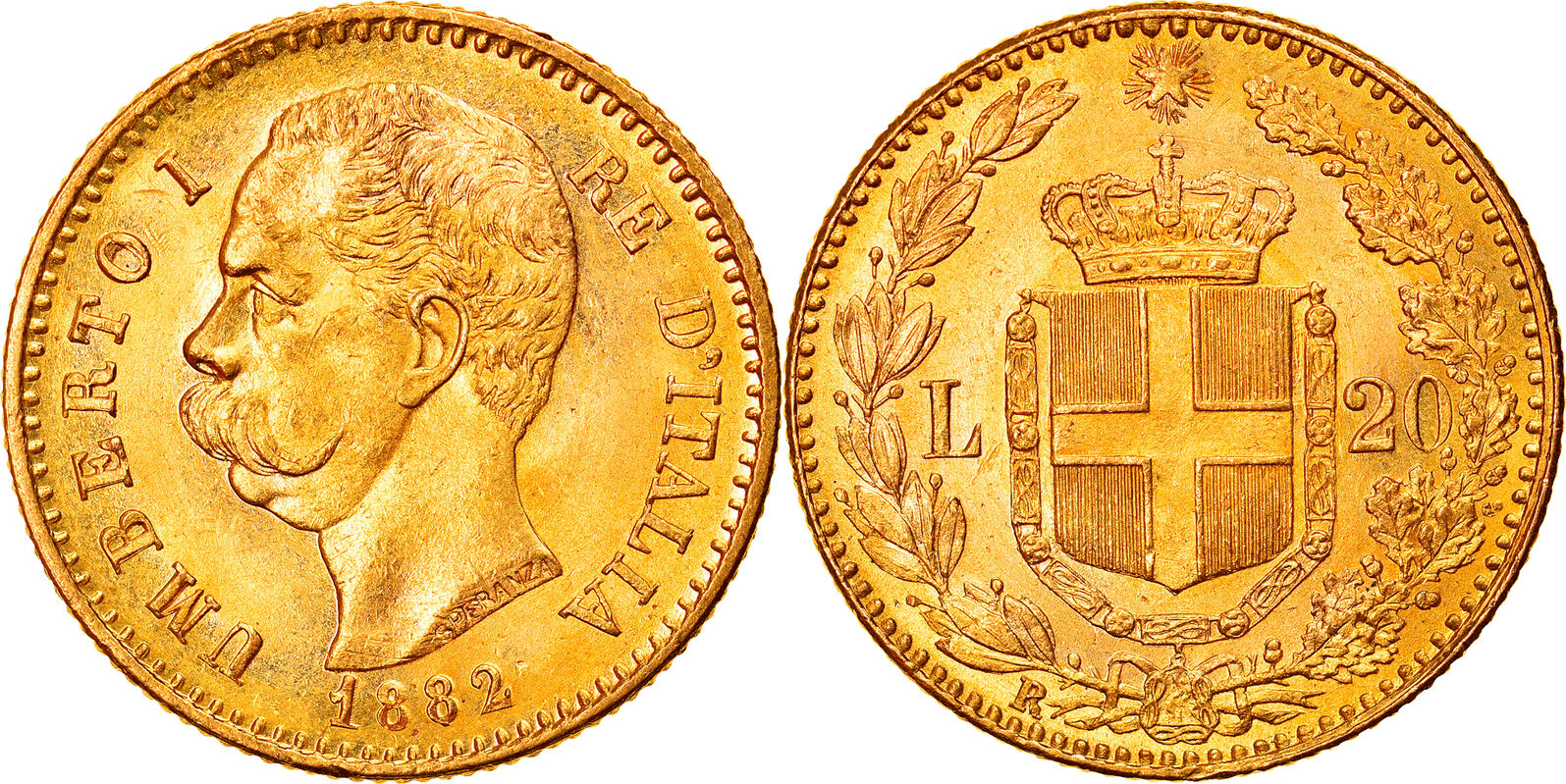 Italy 20 Lire 1882 R Coin, Umberto I, Rome, Gold, KM:21 MS(63) | MA-Shops