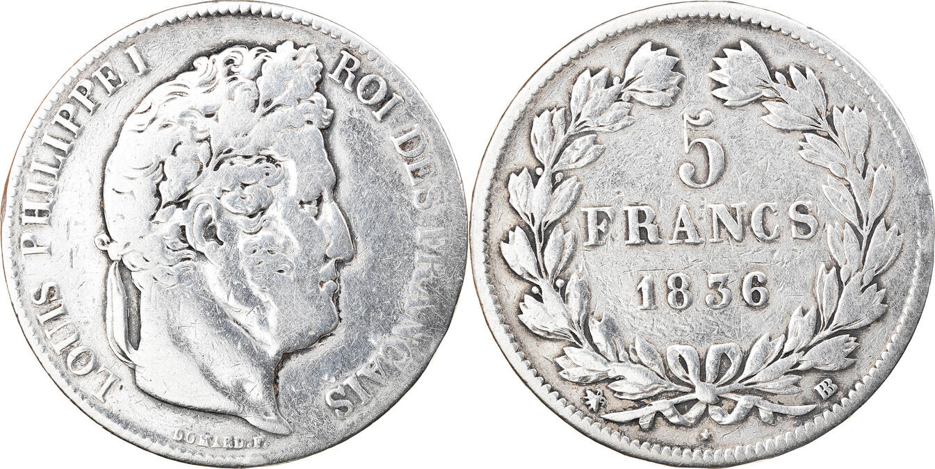France 5 Francs 1836 BB Coin, Louis-Philippe, Strasbourg, Silver VF(30 ...