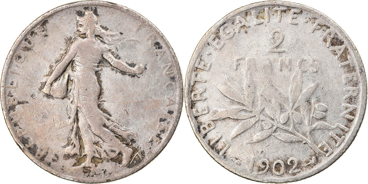 France 2 Francs 1902 Paris Coin, Semeuse, Paris, Silver, KM:845.1 VF(30-35) | MA-Shops