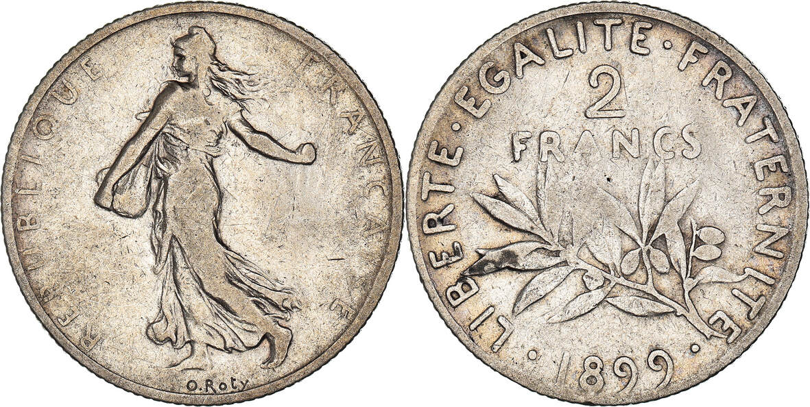France 2 Francs 1899 Paris Coin, Semeuse, Paris, Silver, KM:845.1 VF(20-25) | MA-Shops