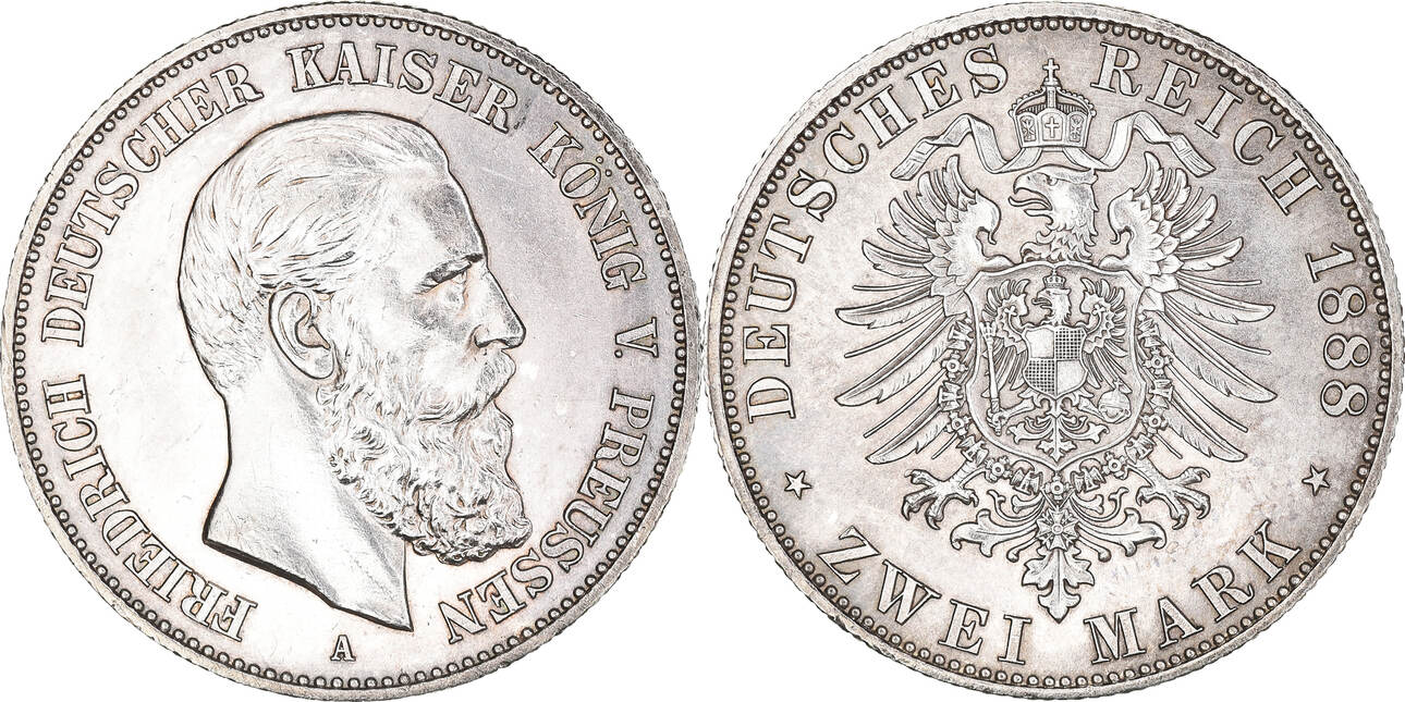 German States 2 Mark 1888 A Coin, PRUSSIA, Friedrich III, Berlin AU(55 ...