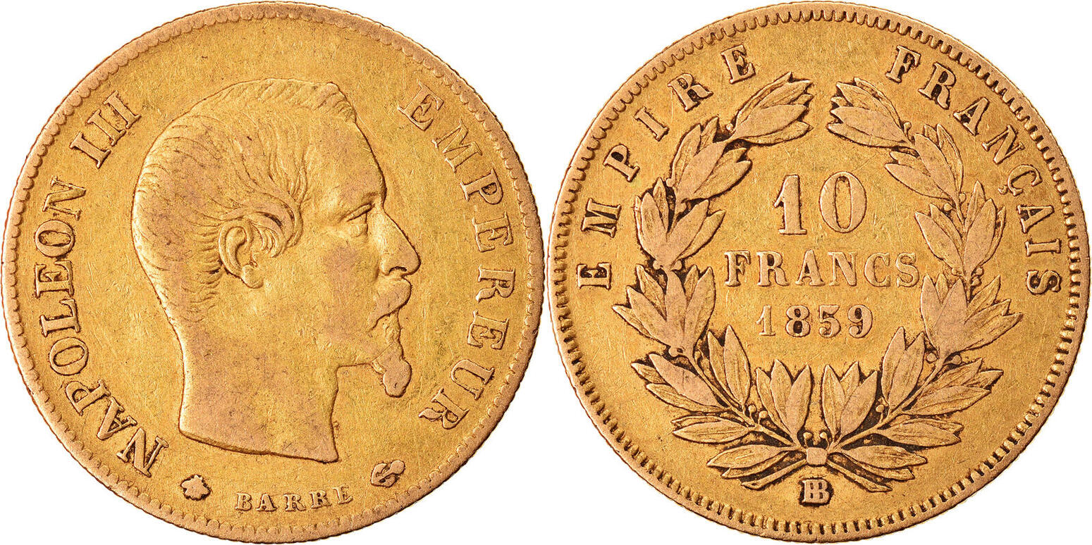 France 10 Francs 1859 BB Coin, Napoleon III, Strasbourg, Gold VF(30-35 ...