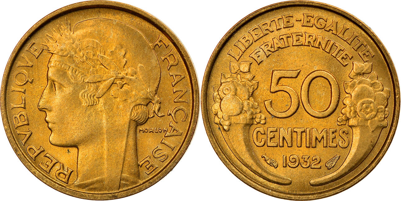 France 50 Centimes 1932 Coin, Morlon, 9 and 2 opened MS(64) | MA-Shops