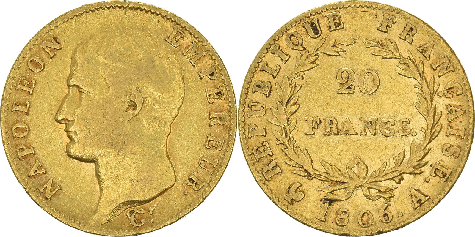 France 20 Francs 1806 A Coin, Napoleon I, Paris, Gold, KM:674.1 VF(30 ...