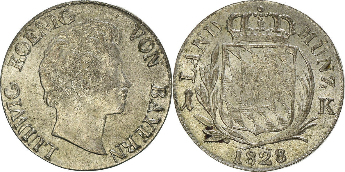 German States Kreuzer 1828 Coin, BAVARIA, Ludwig I, Silver, KM:727 AU ...