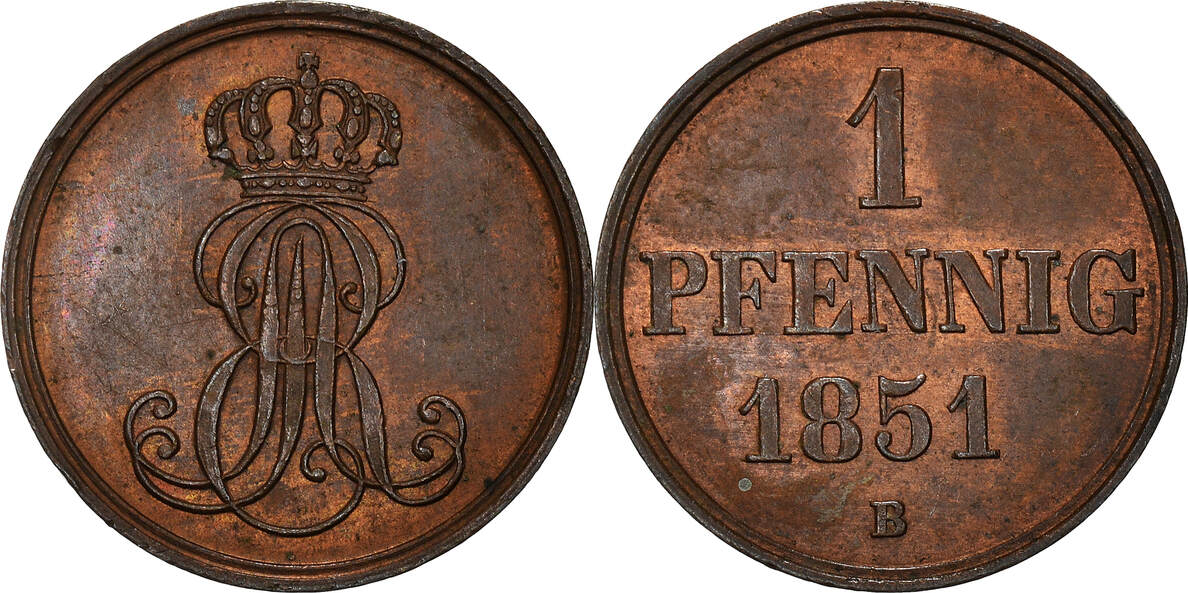German States Pfennig 1851 B Coin, HANNOVER, Ernst August, Copper MS(60 ...