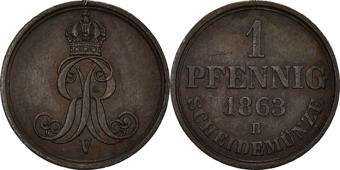 German States Pfennig 1863 B Coin, HANNOVER, Georg V, Copper, KM:233 AU ...