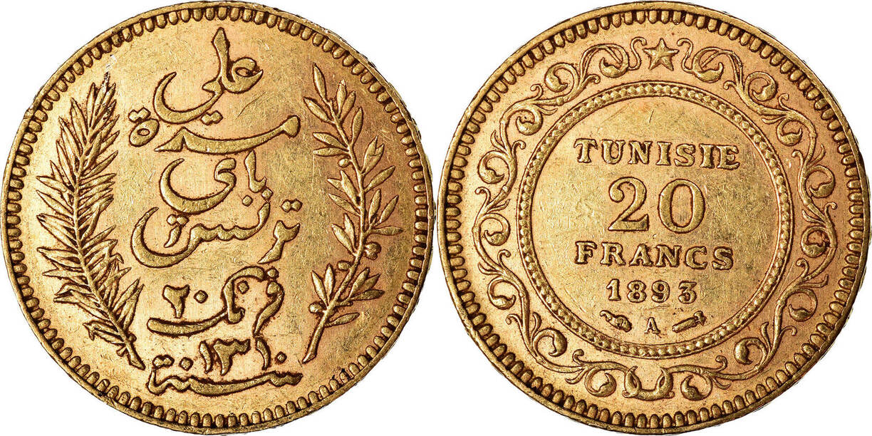 Tunisia 20 Francs 1893 A Coin, Ali Bey, Paris, Gold, KM:227 AU(50-53 ...