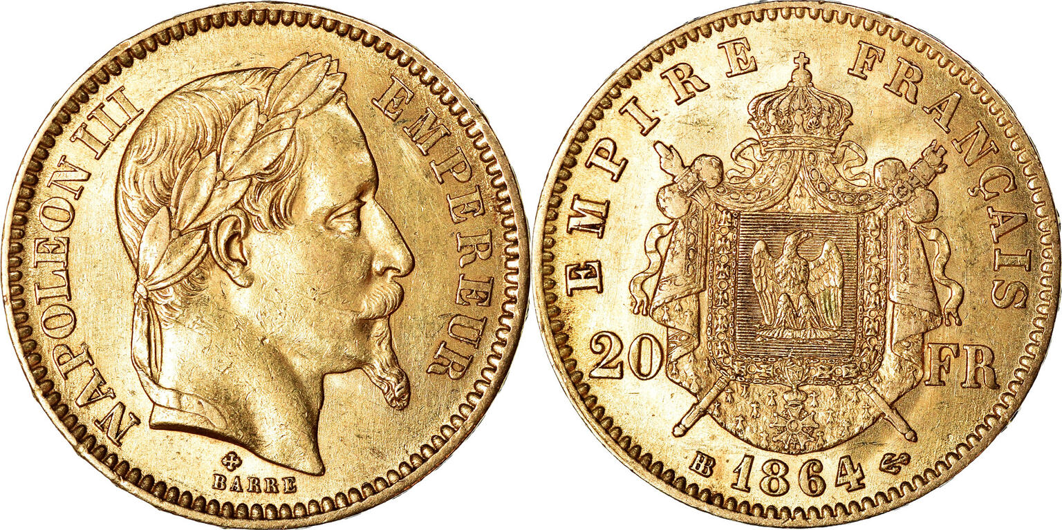 France 20 Francs 1864 BB Coin, Napoleon III, Napoléon III, Strasbourg ...