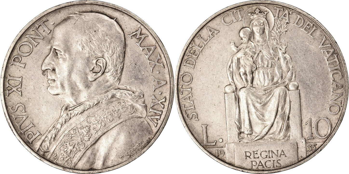 VATICAN CITY 10 Lire 1935 Roma Coin, Pius XI, Roma, Silver, KM:8 AU(55-58) | MA-Shops