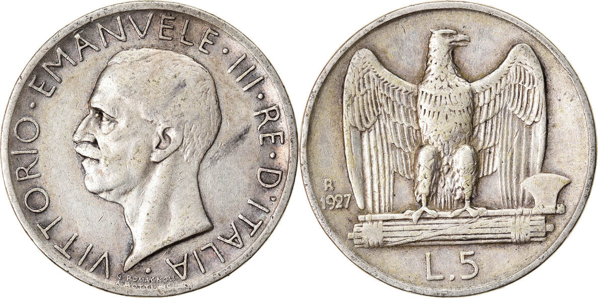 Italy 5 Lire 1927 R Coin, Vittorio Emanuele III, Rome, Silver VF(30-35) | MA-Shops