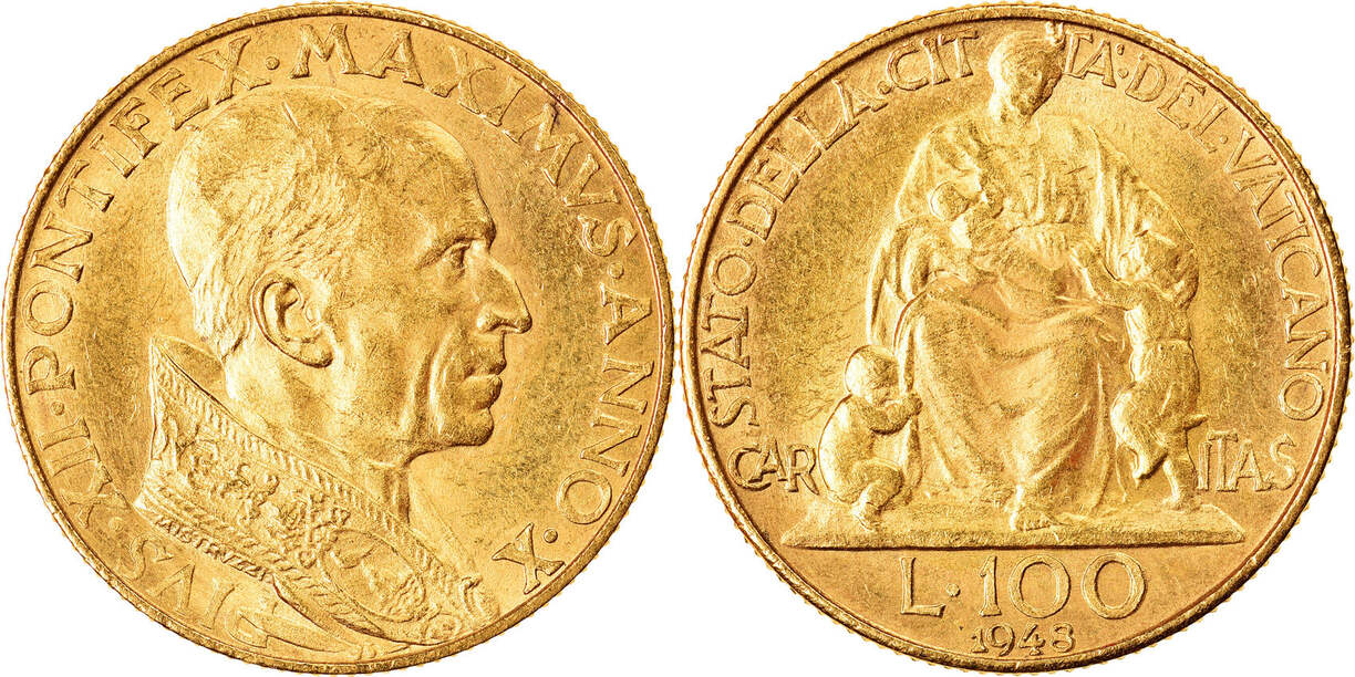 VATICAN CITY 100 Lire 1948 Coin, Pius XII, Gold, KM:39 AU(55-58) | MA-Shops