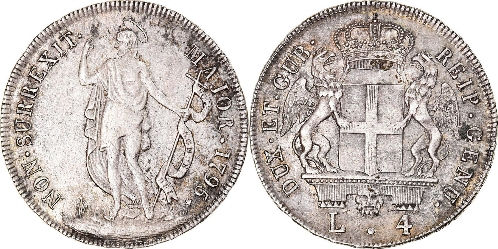 ITALIAN STATES 4 Lire 1795 Genoa Coin, GENOA, Genoa, Silver, KM:248 EF ...