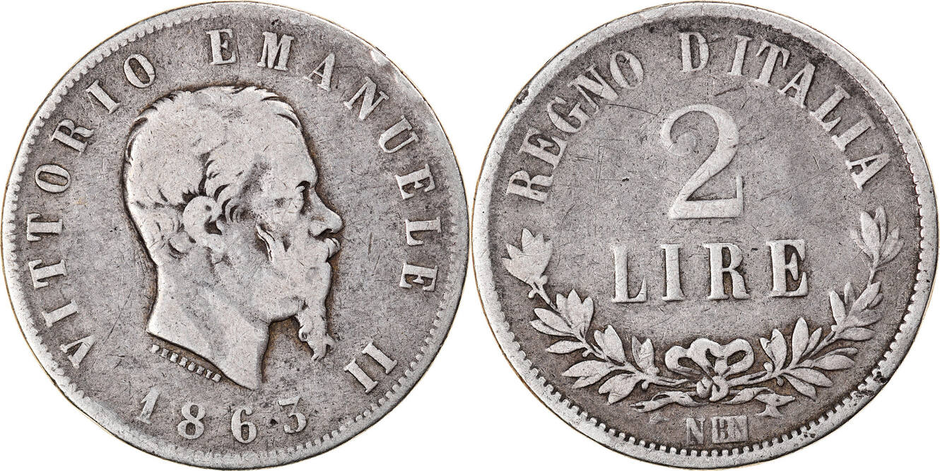 Italy 2 Lire 1863 N Coin, Vittorio Emanuele II, Naples, Silver VF(20-25 ...