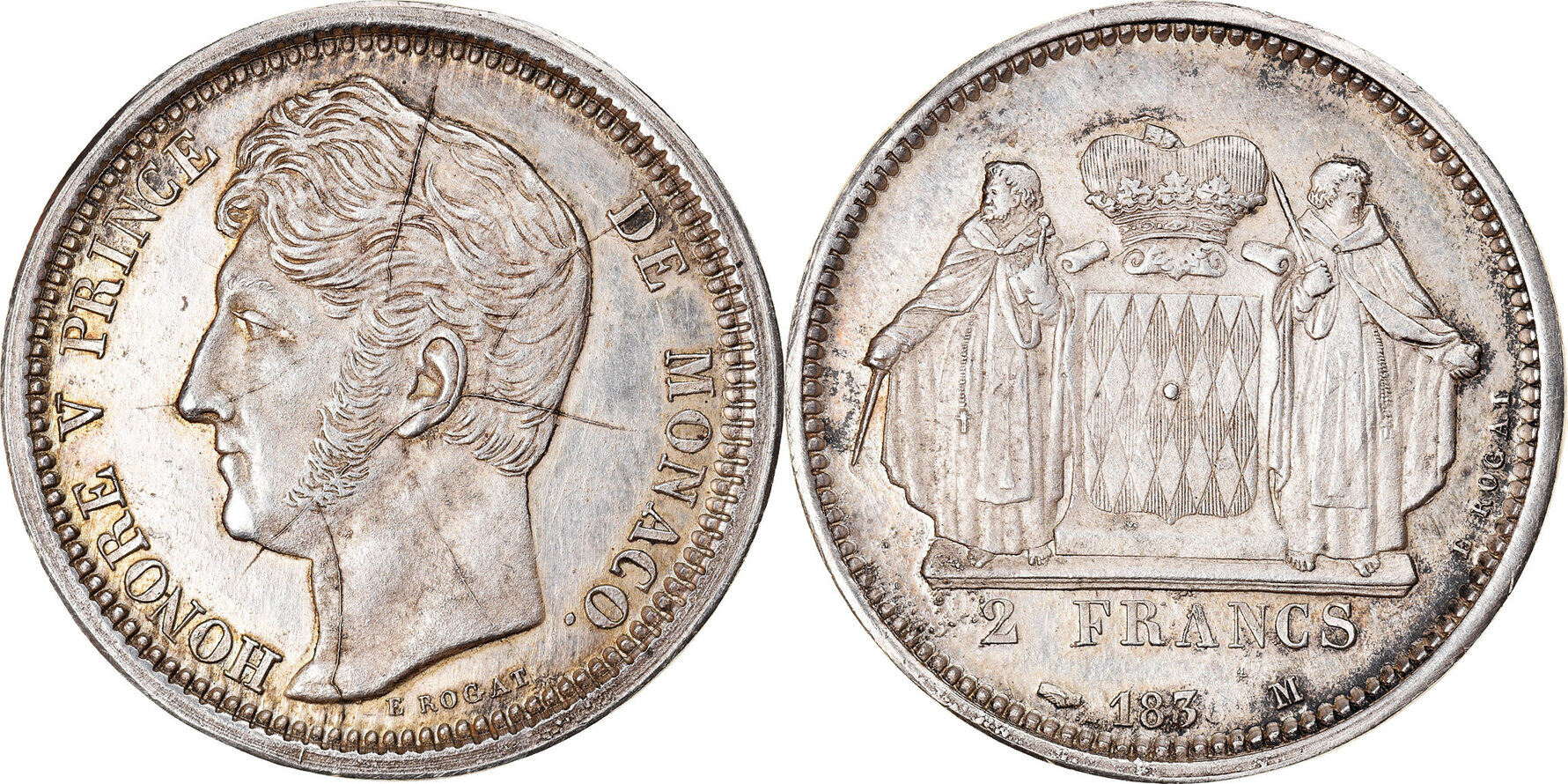 Monaco 2 Francs 183- Monaco Coin, Honore V, ESSAI, Silver AU(55-58 ...