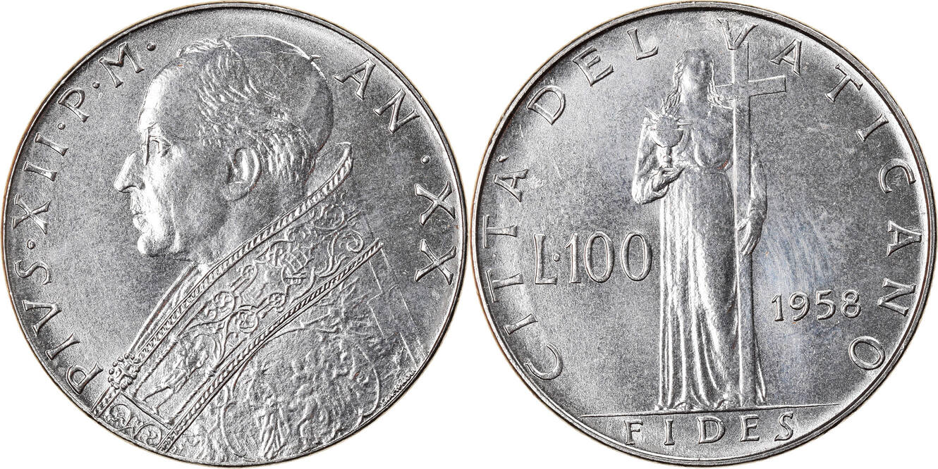 VATICAN CITY 100 Lire 1958 Roma Coin, Pius XII, Roma, Stainless Steel MS(65-70) | MA-Shops