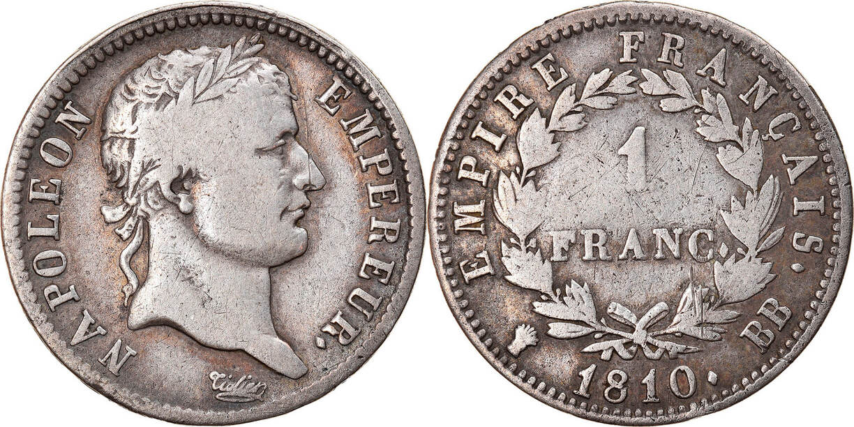 France Franc 1810 BB Coin, Napoléon I, Strasbourg, Very rare EF(40-45 ...