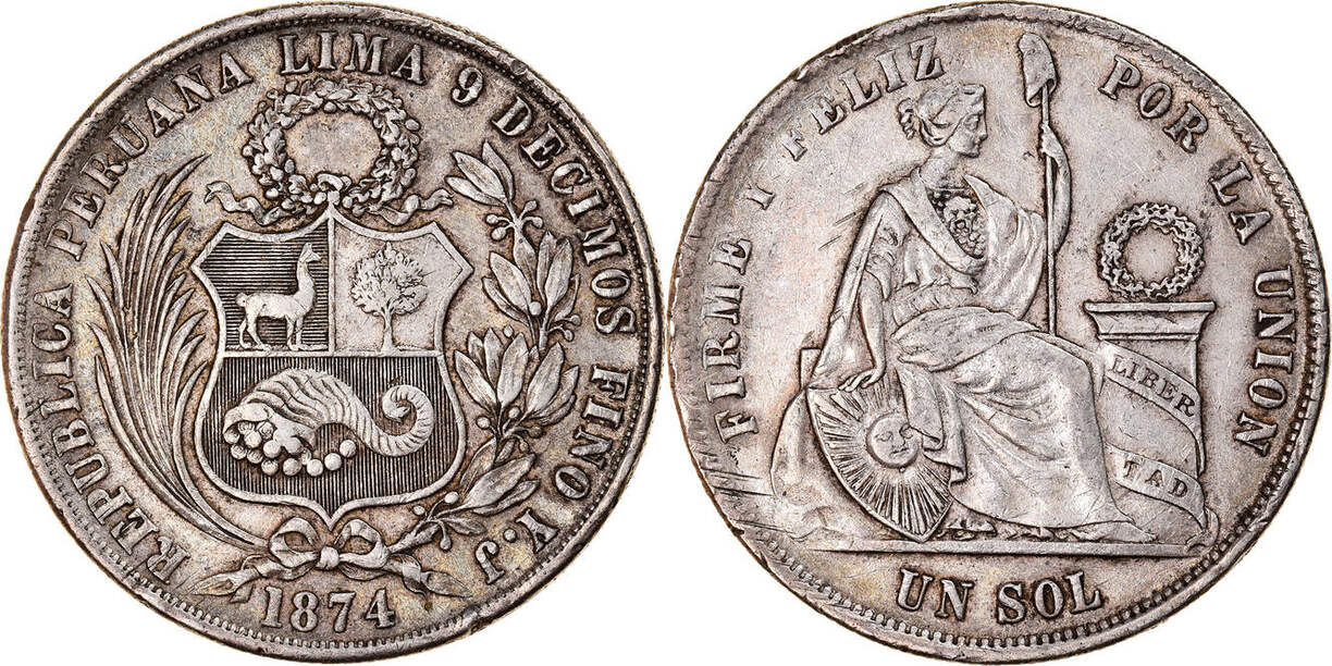 Sol 1874 Lima Coin, SOUTH PERU, Lima, Silver, KM:196.3 VF(30-35) | MA-Shops